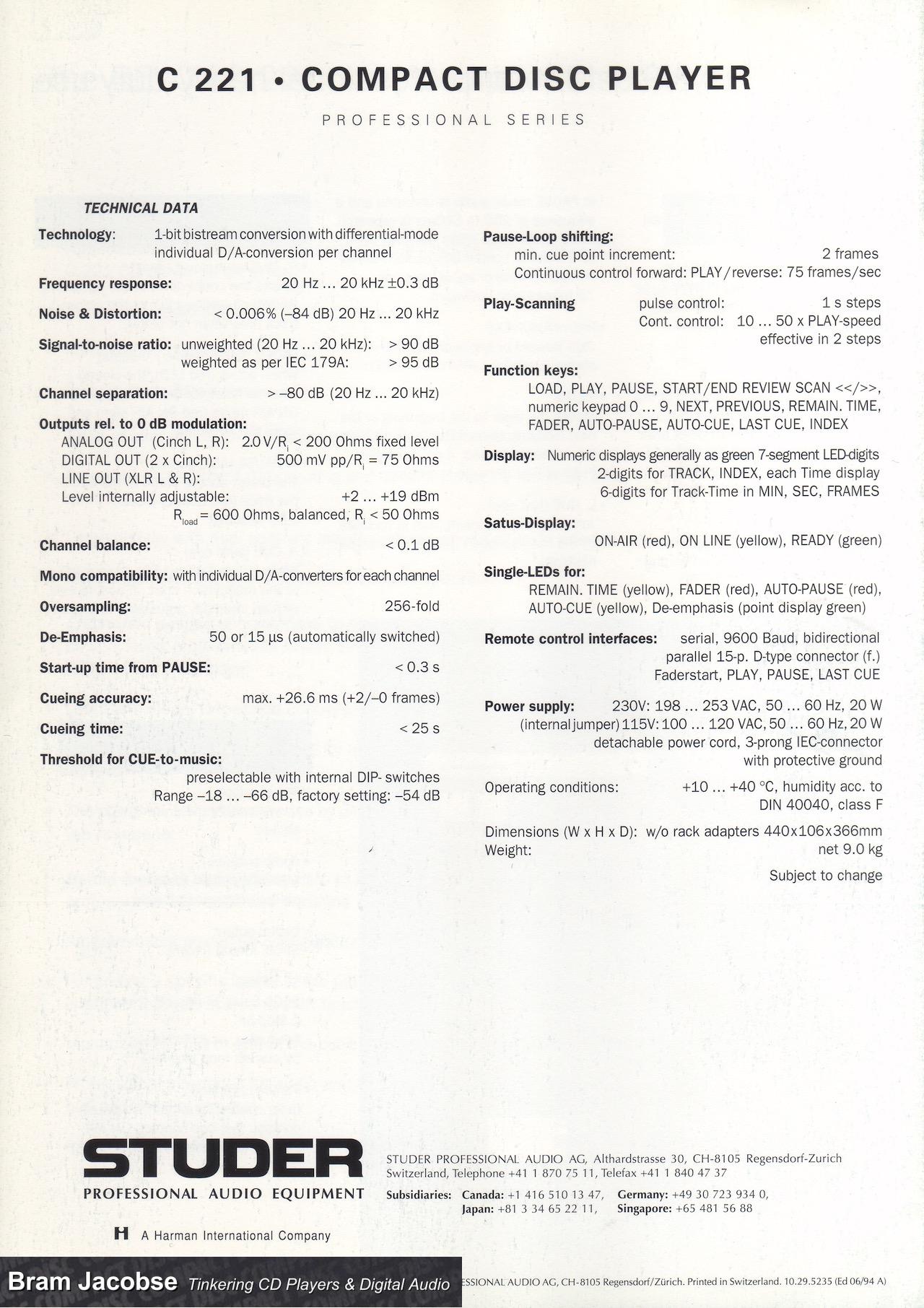 Studer C 221 COMPACT DISC PLAYER - Bram Jacobse